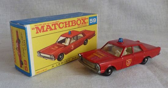 Rockertron Toys. Matchbox Toys MB59c Ford Galaxie Fire Chief Car F Box