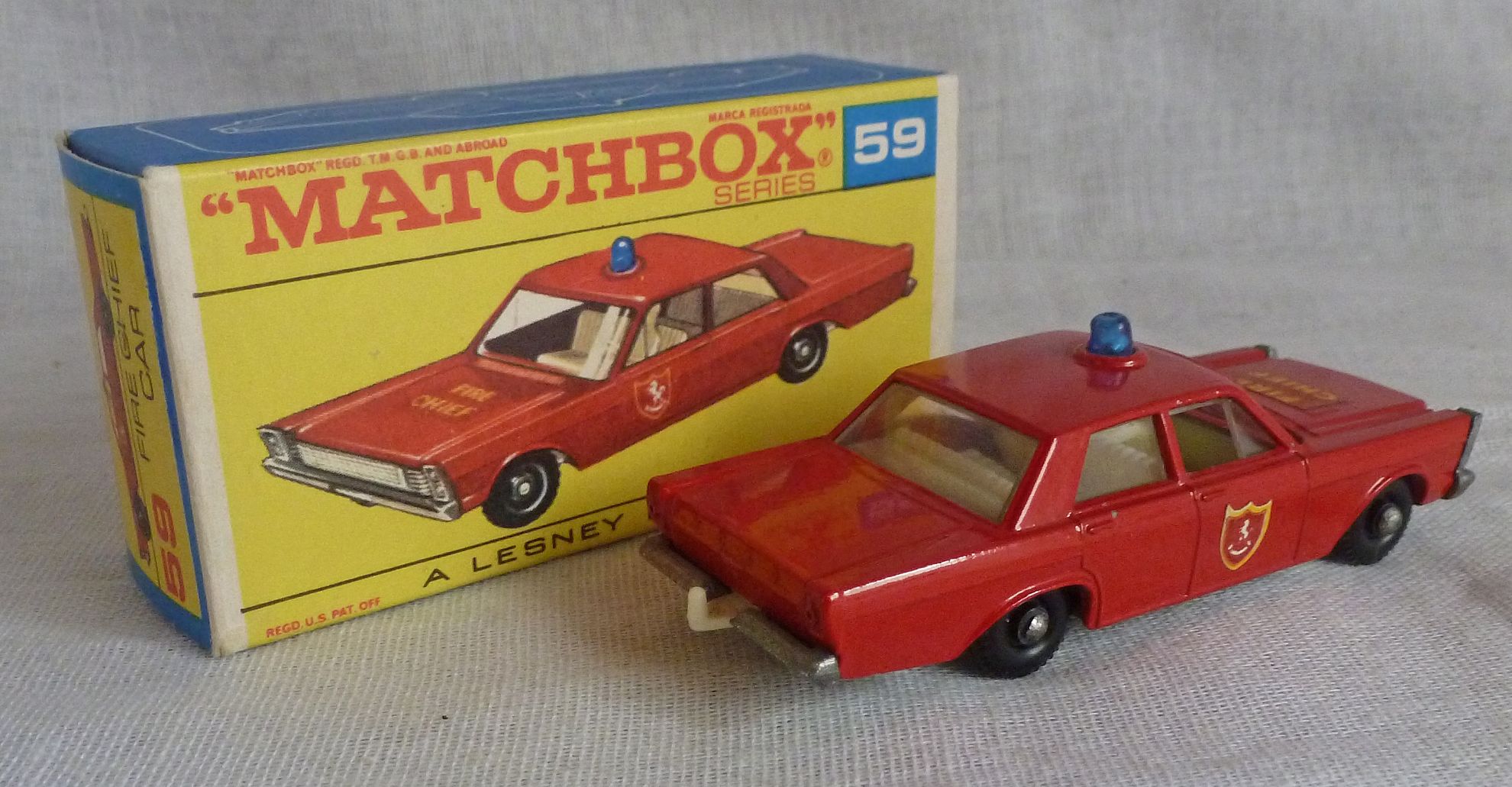 Rockertron Toys. Matchbox Toys MB59c Ford Galaxie Fire Chief Car F Box