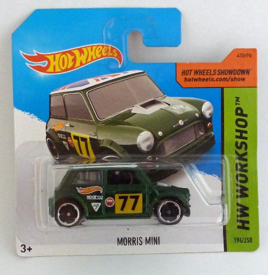 Rockertron Toys. HotWheels Morris Mini Green "HW Workshop" Short Card