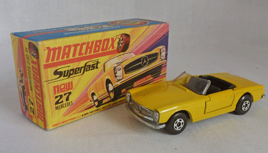 Rockertron Toys. Matchbox Superfast MB27d Mercedes 230 SL Yellow WW H Box