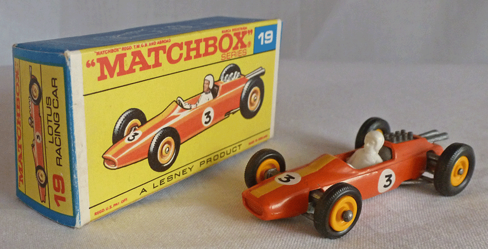 Rockertron Toys. Matchbox Toys MB19d Lotus Racing Car Orange F Box