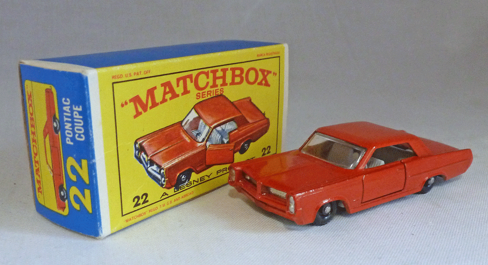 Rockertron Toys. Matchbox Toys MB22c Pontiac Coupe E4 Box Darker Red