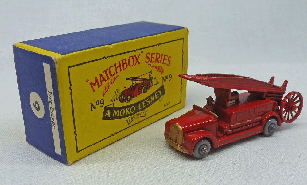 Rockertron Toys. Moko Lesney Matchbox MB9b Dennis Fire Escape with GPW