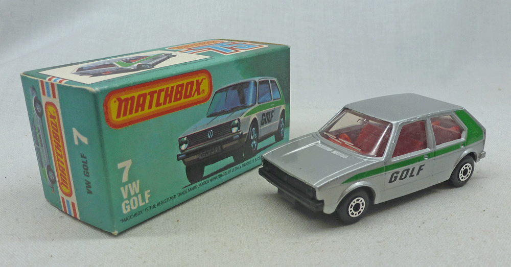 Rockertron Toys. Matchbox Superfast MB7e VW Golf Silver with Red Interior