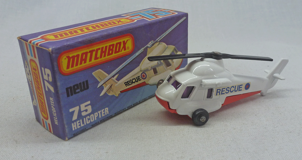 Rockertron Toys. Matchbox Superfast MB75d Helicopter with PURPLE Windows